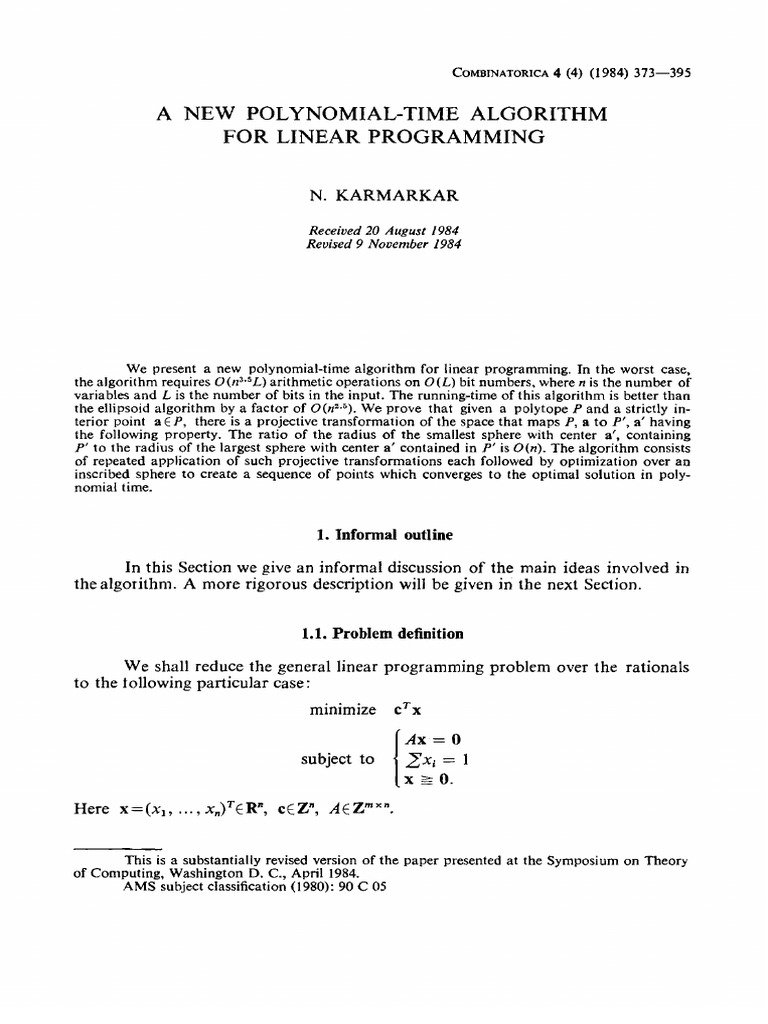 A New Polynomial Time Algorithm For Linear Programming N Karmarkar Pdf Linear Programming