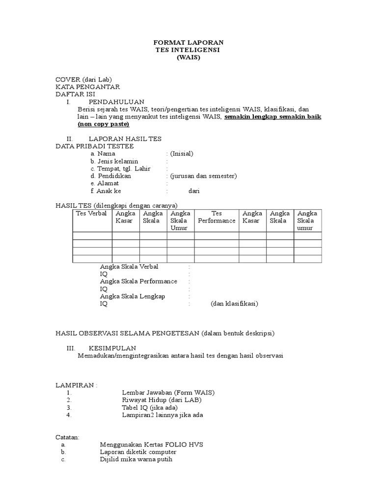 Laporan Tes WAIS: Format dan Hasil | PDF | Metode & Bahan Ajar