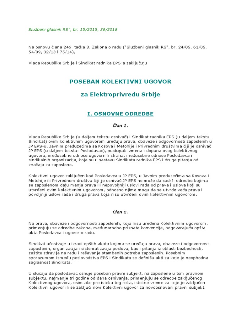 Poseban Kolektivni Ugovor Za Elektroprivredu Srbije PDF | PDF