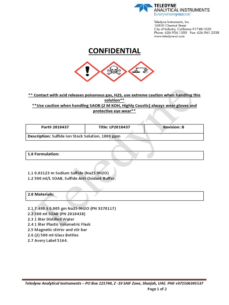 Recipe 1000 PPM Sulfide Stock Solution PDF | PDF | Ph | Chemical Compounds