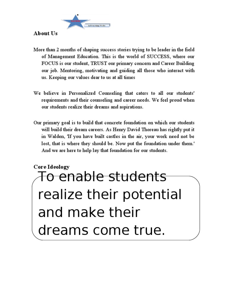 To Enable Students Realize Their Potential and Make Their Dreams Come ...