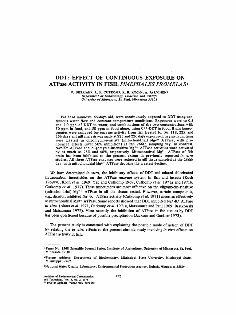 DDT: Effect of Continuous Exposure On Atpase Activity in Fish ...