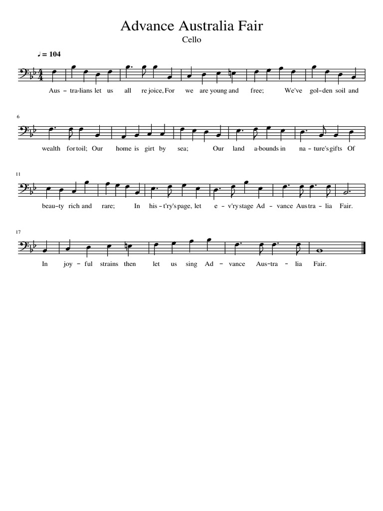 Advance Australia Fair Cello Sheet Music | PDF