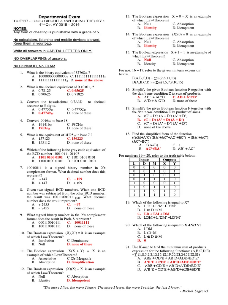 Final Exam Solutions for Logic Circuits | PDF | Binary Coded Decimal | Boolean Algebra