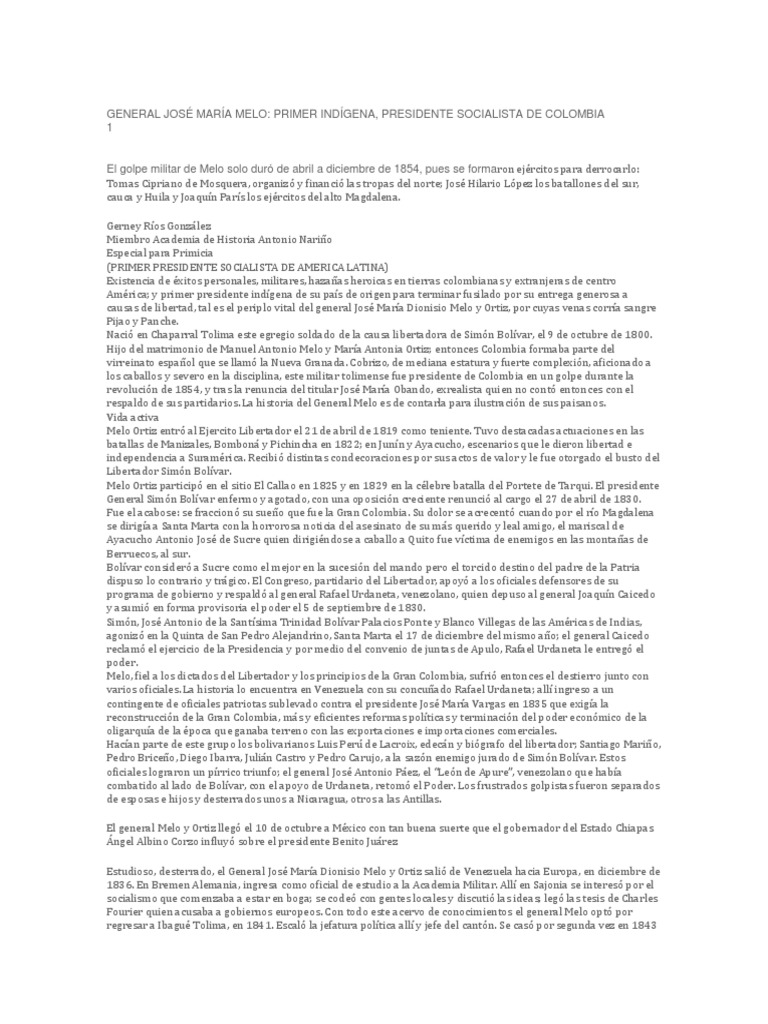 General José María Melo | PDF | Colombia | Government