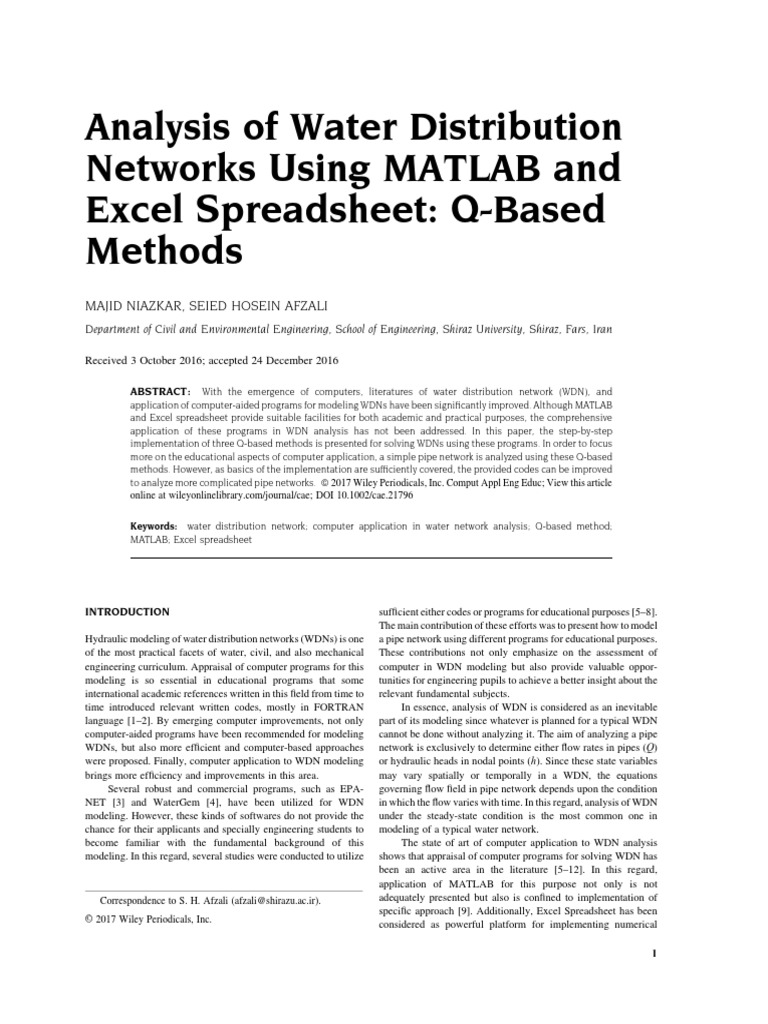 Analysis Of Water Distribution Networks Using Matlab Pdf Pdf Matrix Mathematics Matlab
