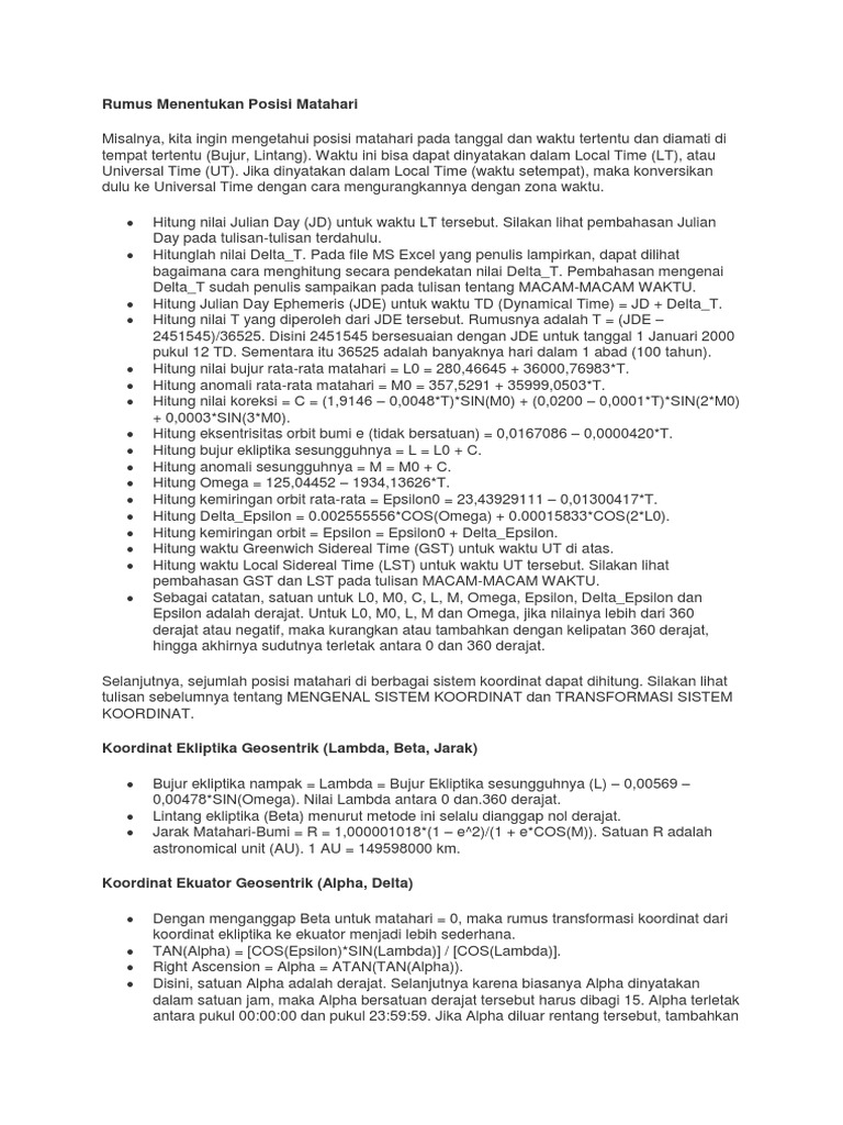 Rumus Menentukan Posisi Matahari ASTRONOMI | PDF