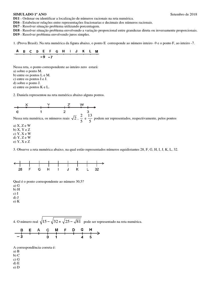 Simulado de Matemática - 1º Ano - D11-D16-D17-D18-D19 | PDF | Números | Número real