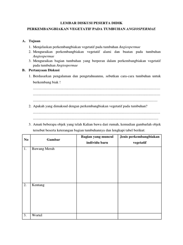 LKPD Kelas 9 Perkembangbiakan Vegetatif Tumbuhan Angiospermae | PDF