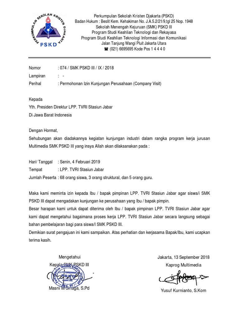 Surat Permohonan Kunjungan Industri SMK | PDF