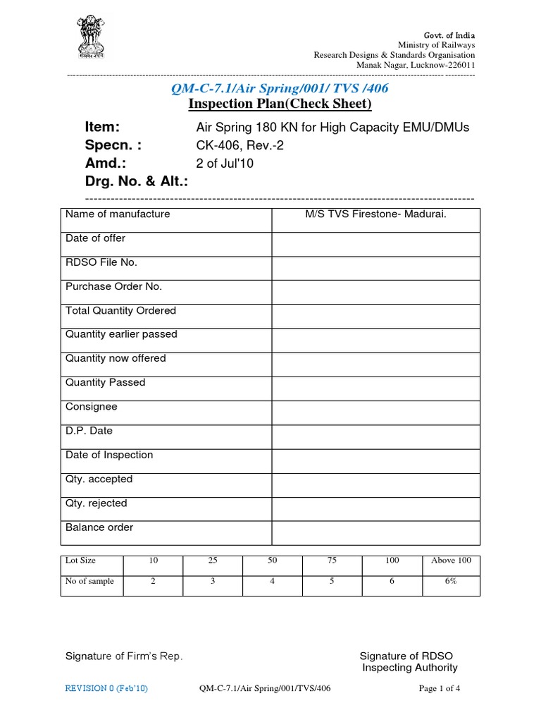 Inspection Plan (Check Sheet) Item: Specn.: Amd.: Drg. No. & Alt. | PDF ...