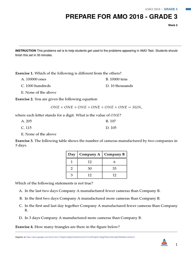 Prepare For Amo 2018 - Grade 3: Exercise 1 | PDF | Teaching Mathematics
