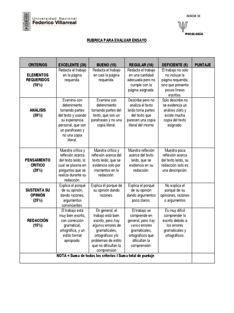 Rúbrica Para Evaluar Ensayo | Ensayos | Sicología y ciencia cognitiva