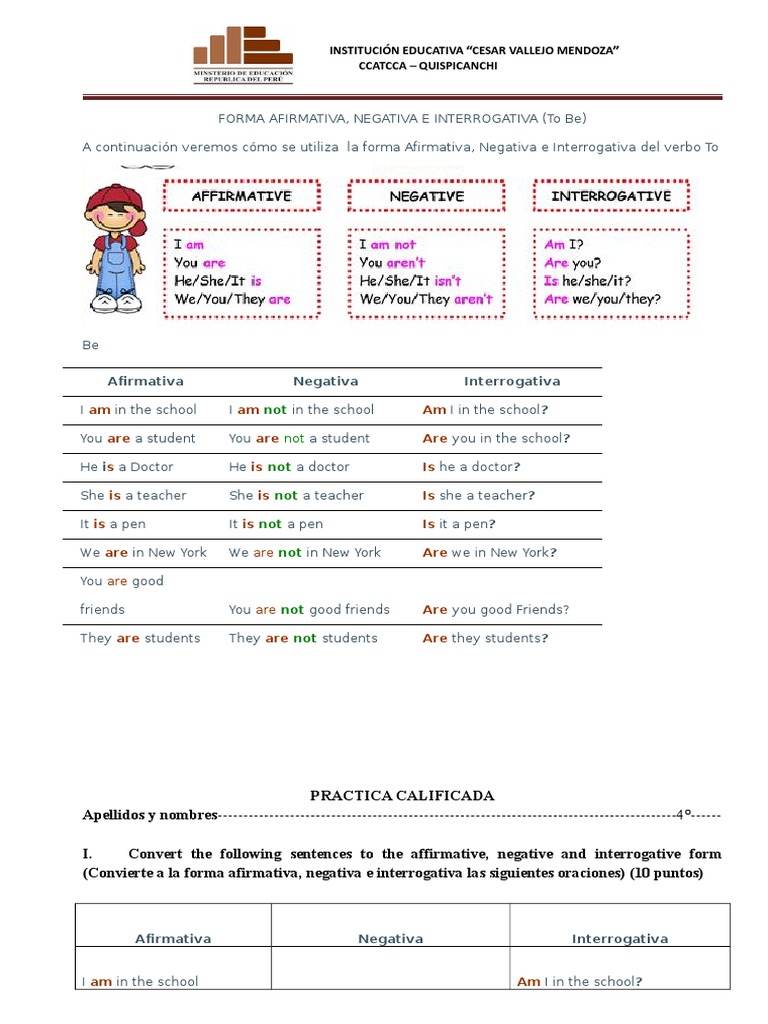 Practica de Oraciones de Forma Afirmativa, Negativa e Interrogativa. | PDF