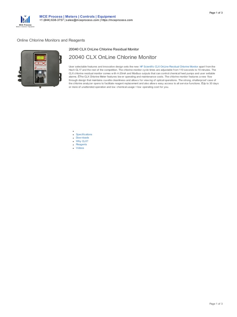 HF Scientific Online Chlorine Monitors and Reagents - CLX | Technology ...