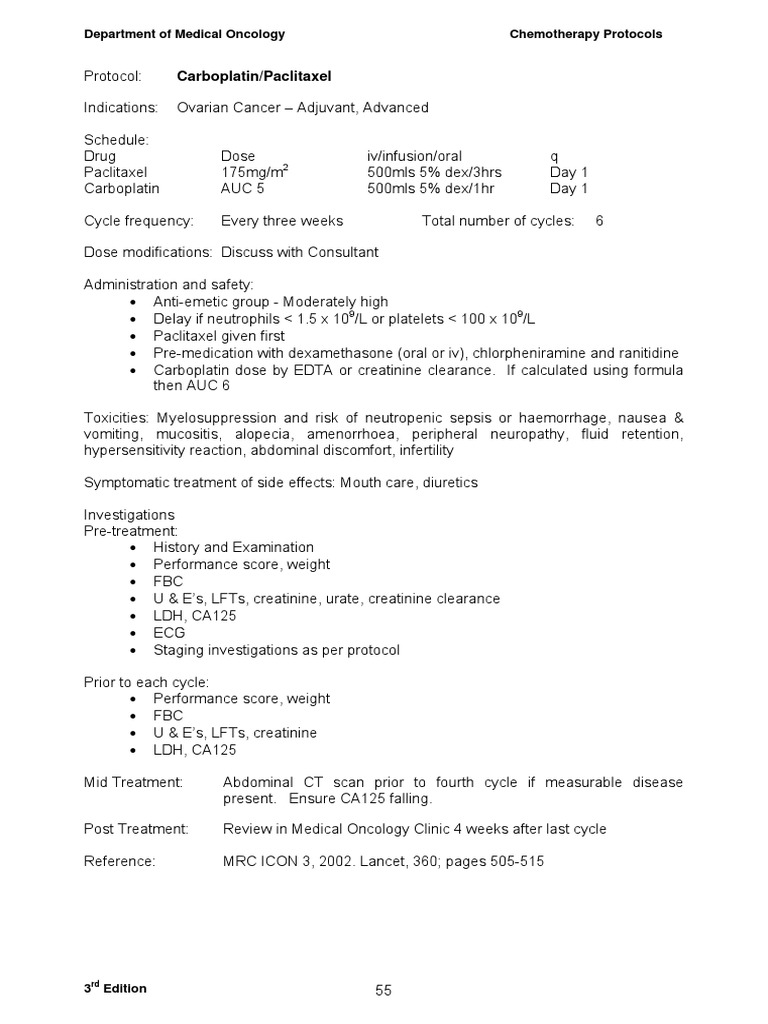 Carboplatin/Paclitaxel Protocol Overview | PDF | Chemotherapy | Ovarian ...