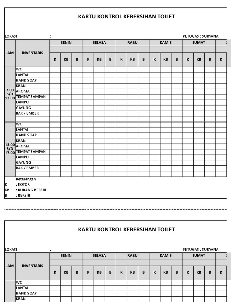 Kartu Kontrol Kebersihan Toilet & Gedung | PDF