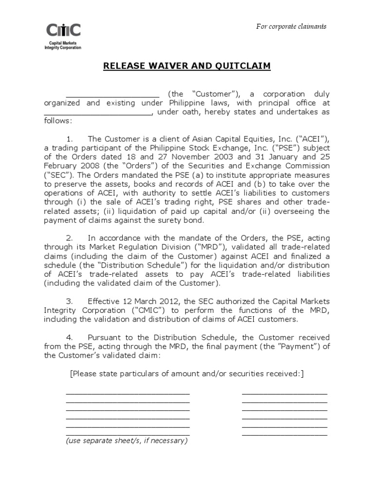 Release Waiver And Quitclaim: For corporate claimants