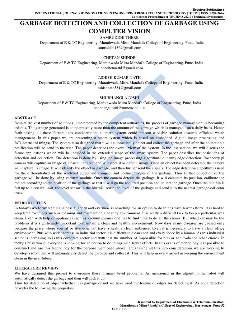 Garbage Detection And Collection Of Garbage Using Computer Vision Pdf Internet Of Things