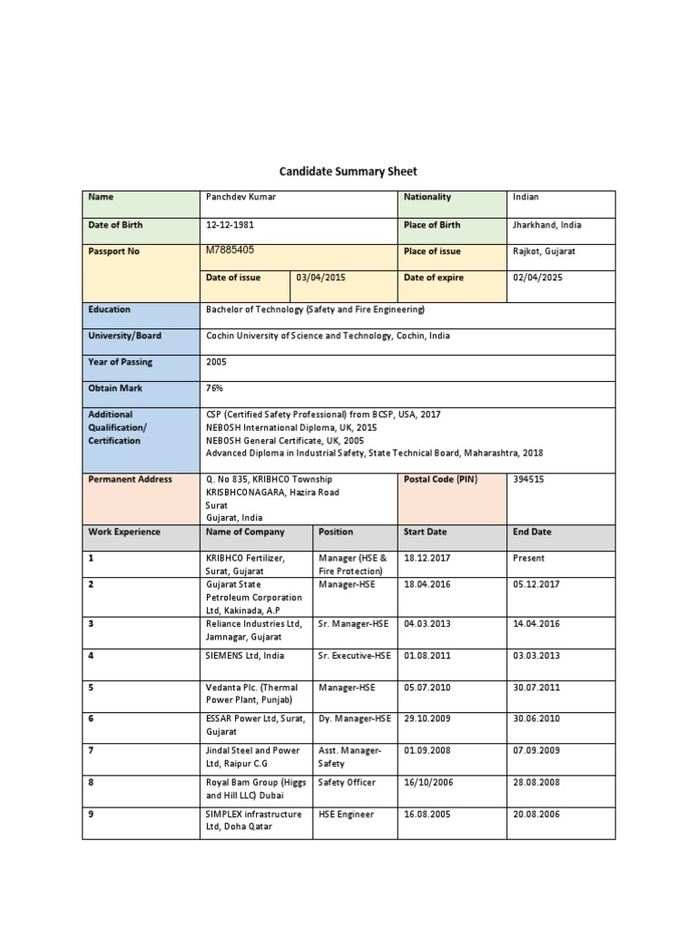 Candidate Summary Sheet | PDF | Science And Technology | Engineering