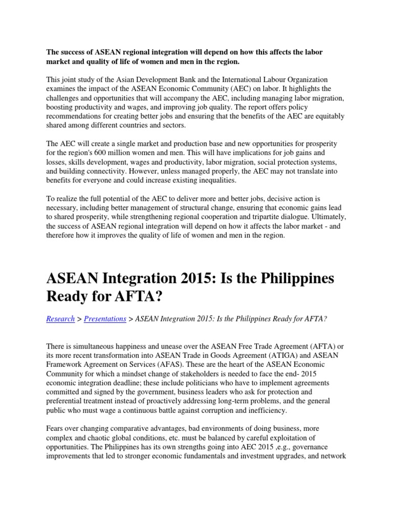 ASEAN Integration 2015: Is The Philippines Ready For AFTA? | PDF ...