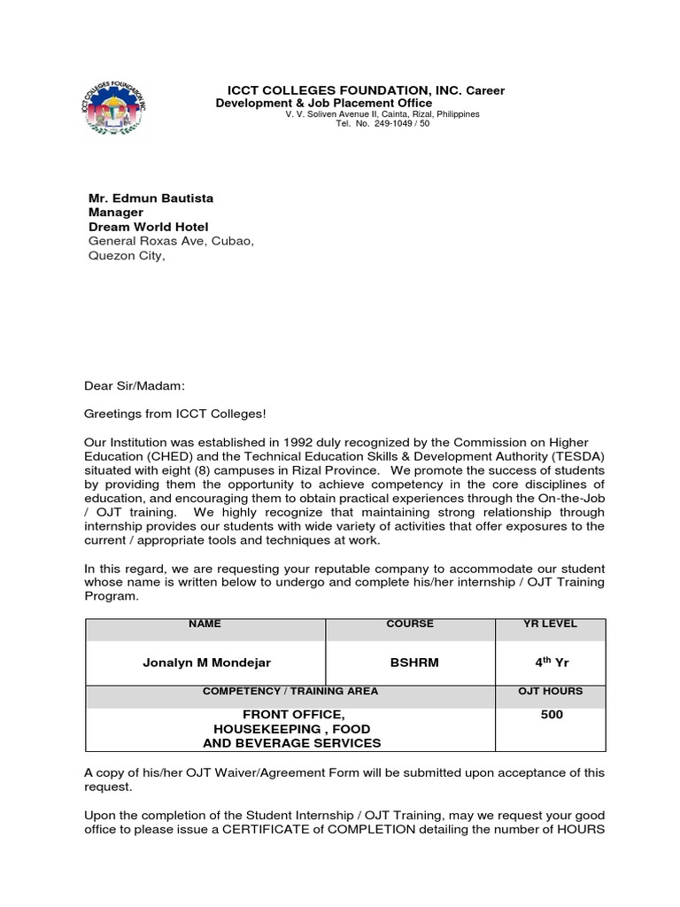 ICCT Colleges Internship Request Letter | PDF