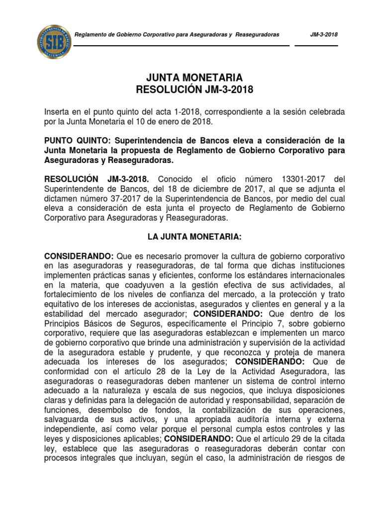 Junta Monetaria RESOLUCIÓN JM-3-2018: Reglamento de Gobierno Corporativo para Aseguradoras y ...