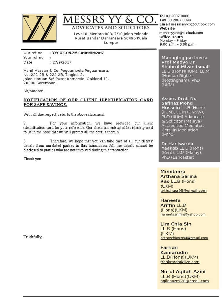 Surat Kepada Hanif Hasan & Co | PDF