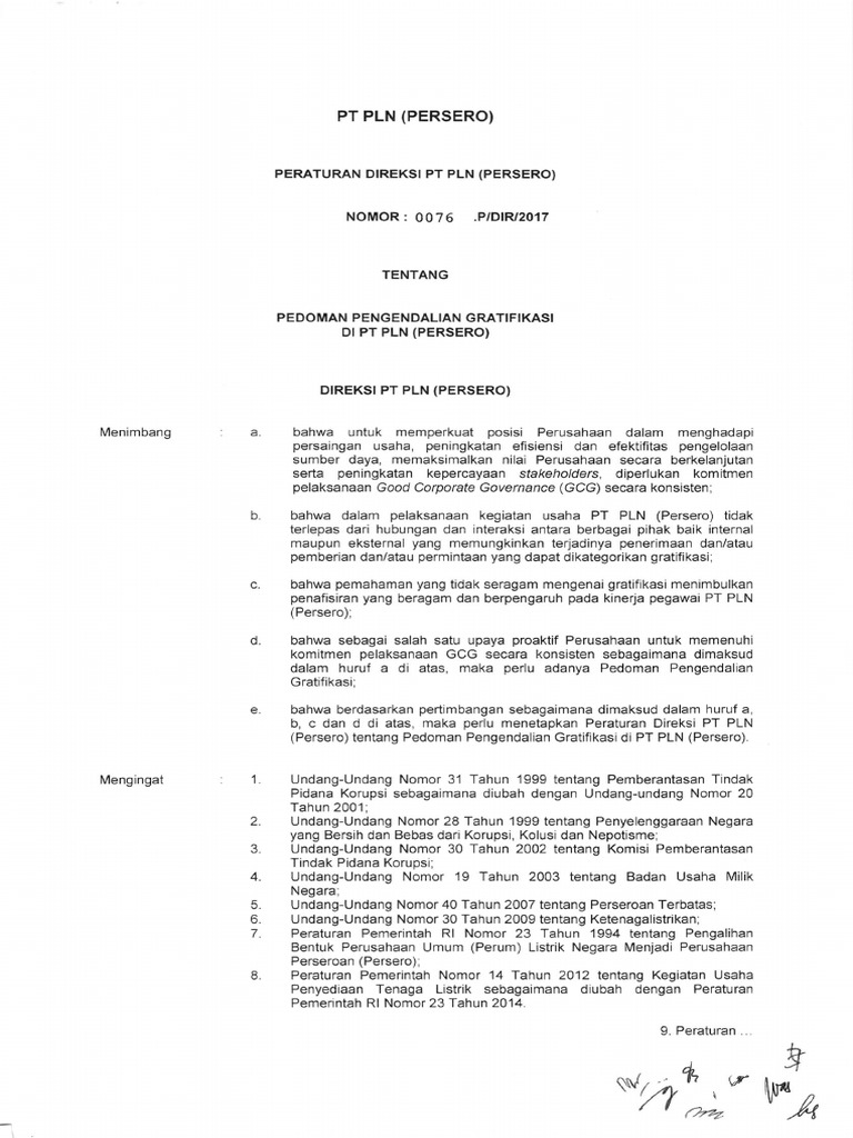 Perdir Gratifikasi PLN 76 Tahun 2017 | PDF