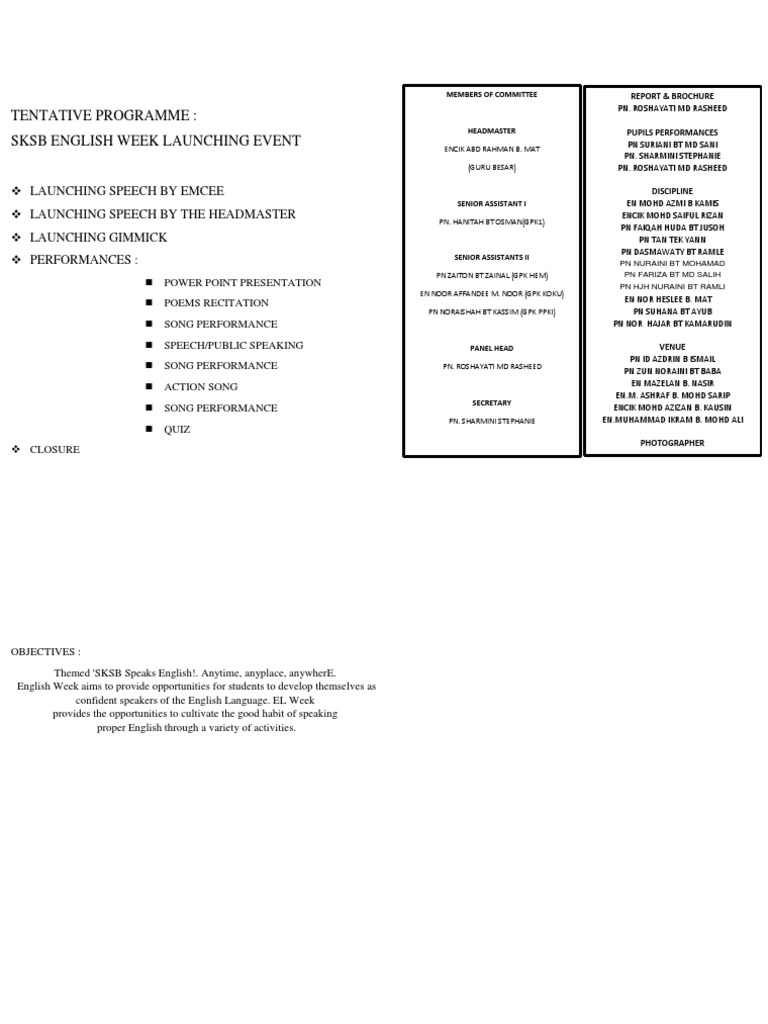 Tentative Programme: SKSB English Week Launching Event | PDF