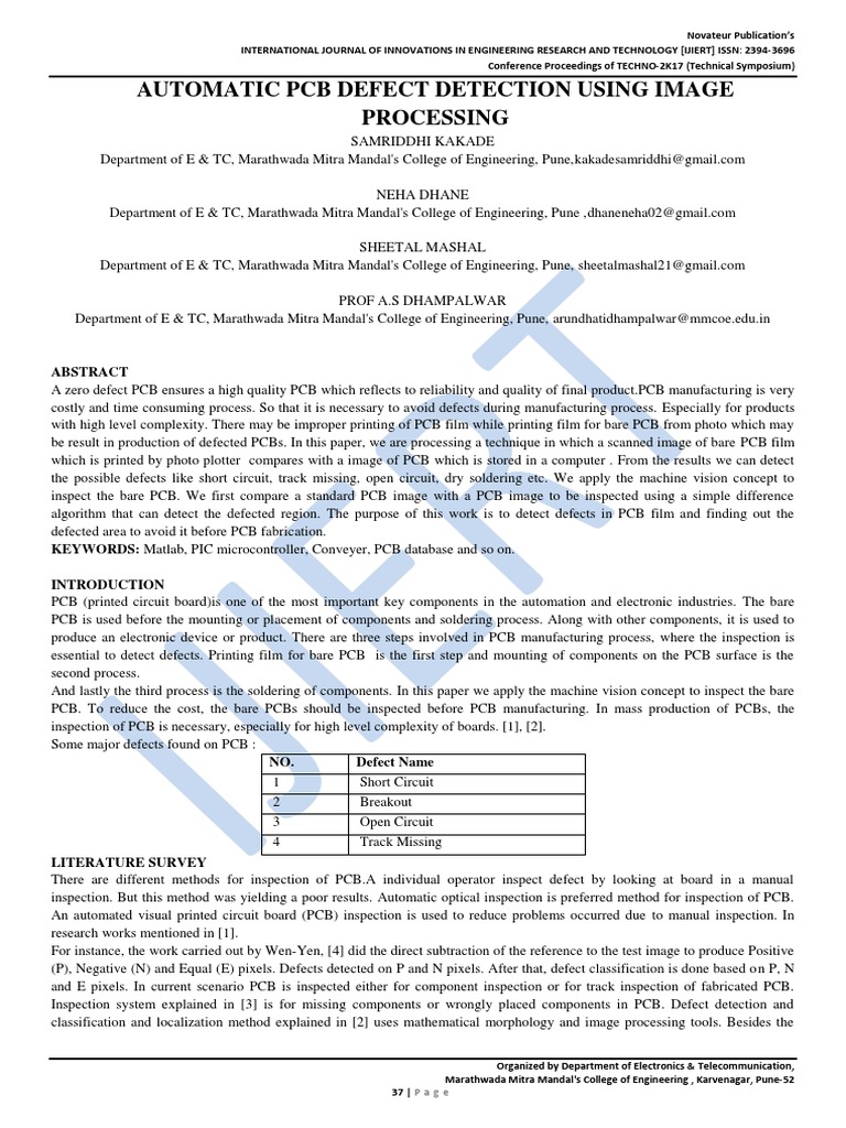 Automatic PCB Defect Detection Using Image Processing | PDF | Printed ...