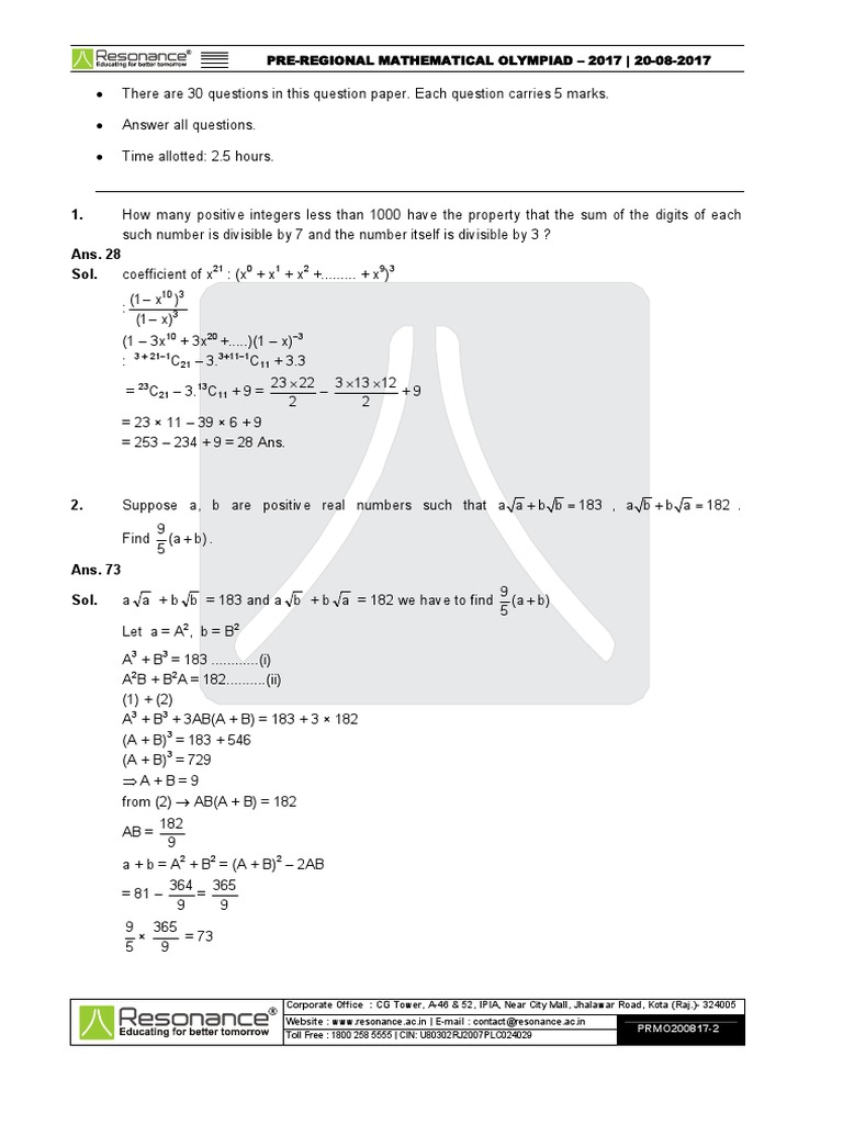 2017 Pre-Regional Math Olympiad Paper | PDF | Discrete Mathematics ...