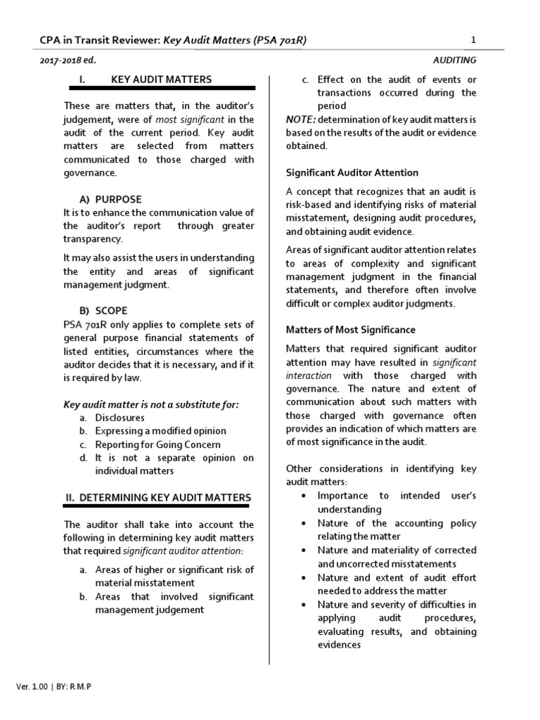 CPAT Reviewer - Key Audit Matters | PDF | Financial Audit | Auditor's Report