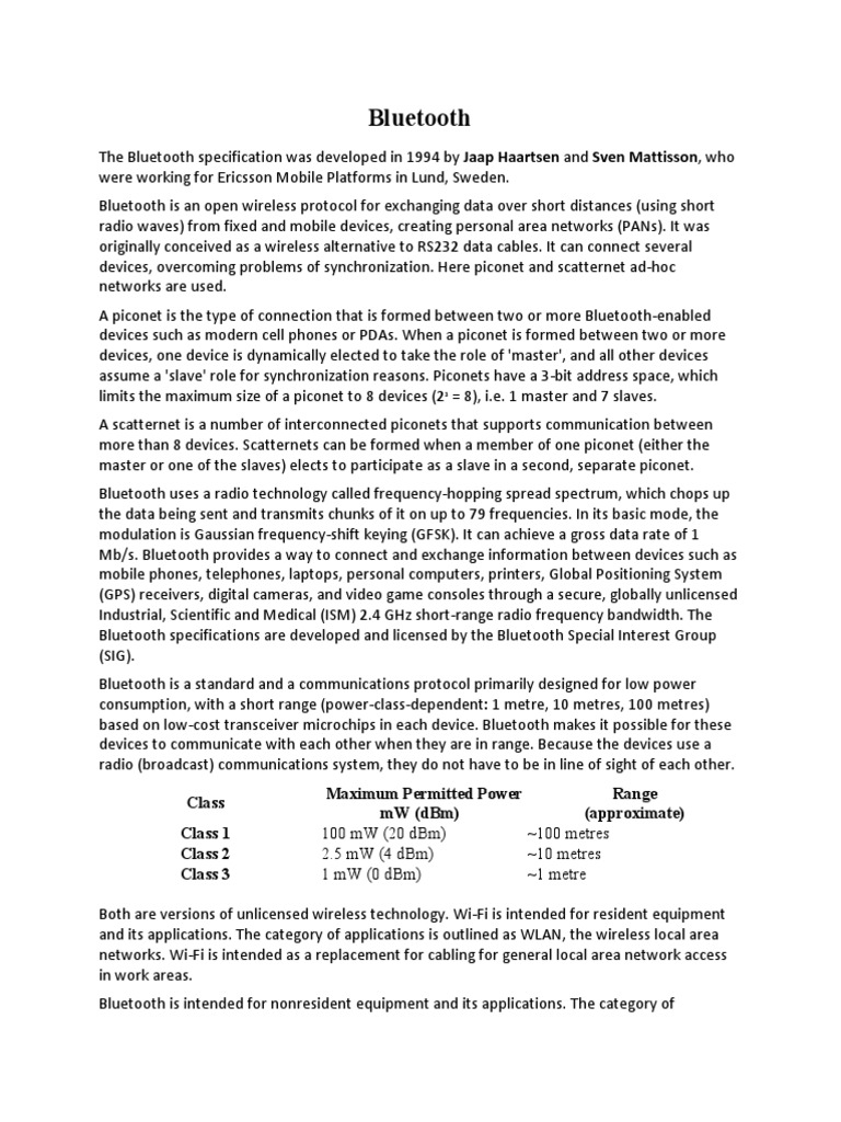 Bluetooth: Class Maximum Permitted Power MW (DBM) Range (Approximate ...