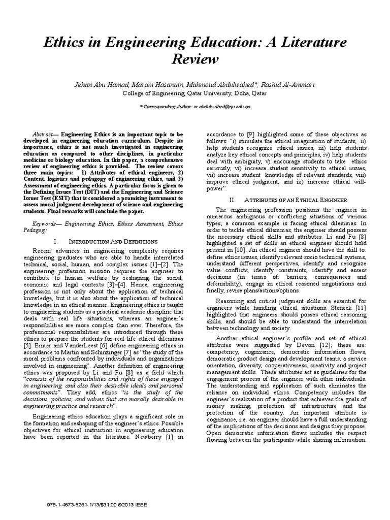 Ethics in Engineering Education A Literature Review | PDF | Engineer ...