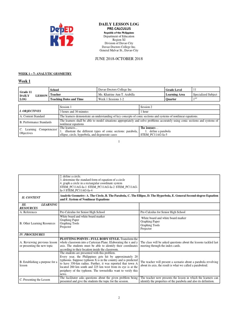 Lesson Plan Precal | PDF | Ellipse | Equations