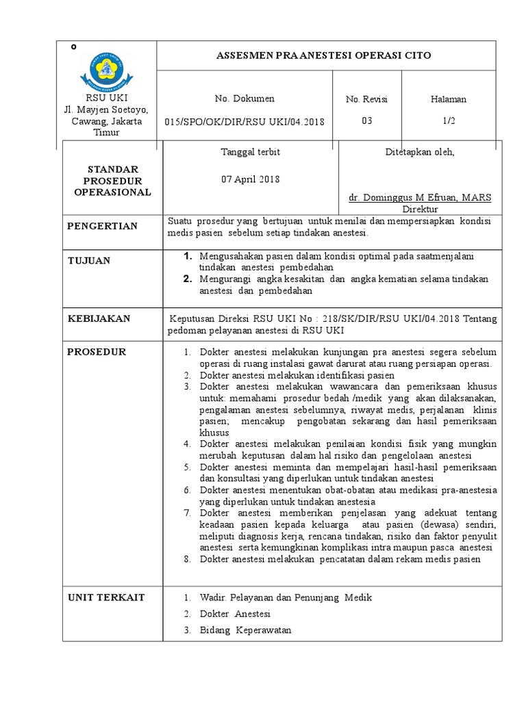 15 Spo Assesmen Pra Anestesia Operasi Cito | PDF