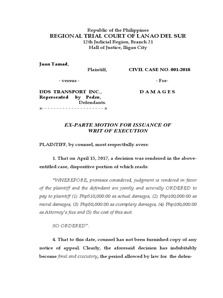 Sample Ex-Parte Motion For Upload | PDF