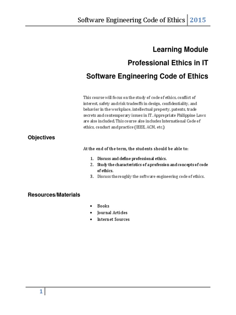 Learning Module Professional Ethics in IT Software Engineering Code of ...