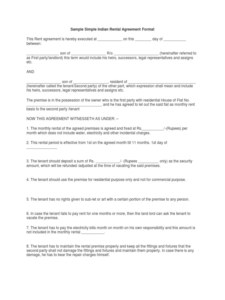Sample Simple Indian Rental Agreement Format | PDF | Leasehold Estate ...