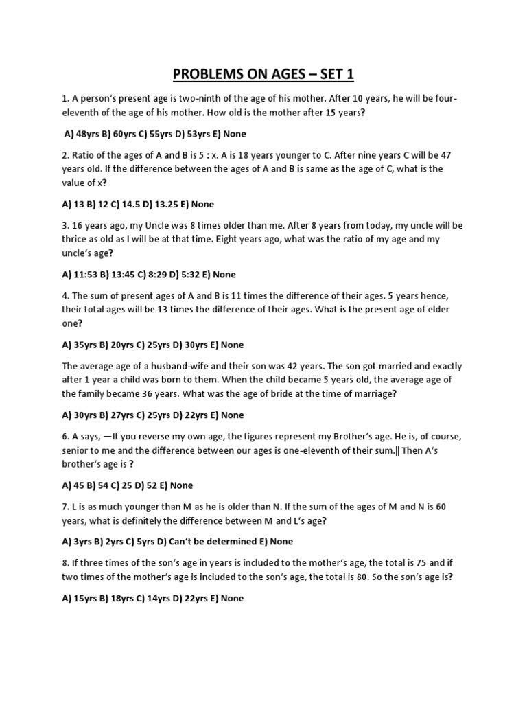 Problems On Ages - Set 1 | PDF | Family | Social Institutions