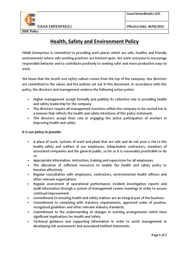 Health, Safety and Environment Policy: Israr Enterprises | PDF ...
