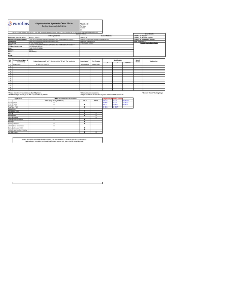 HPSF Oligonucleotide Order Form | PDF | Oligonucleotide | Polymerase ...