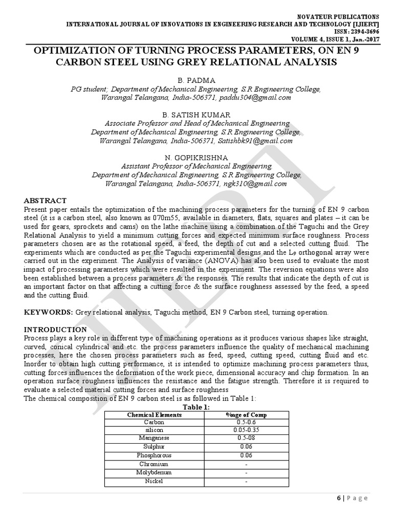 Optimization Of Turning Process Parameters On En 9 Carbon Steel Using