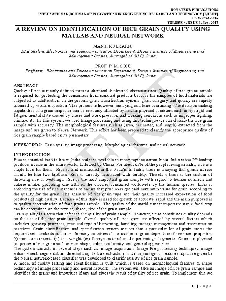 A Review On Identification Of Rice Grain Quality Using Matlab And