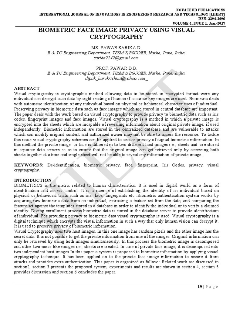 Biometric Face Image Privacy Using Visual Cryptography | PDF ...
