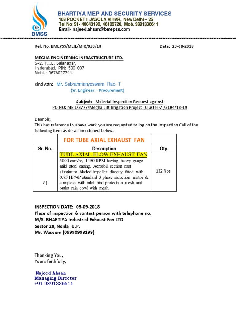 INSPECTION Call Raise Letter | PDF