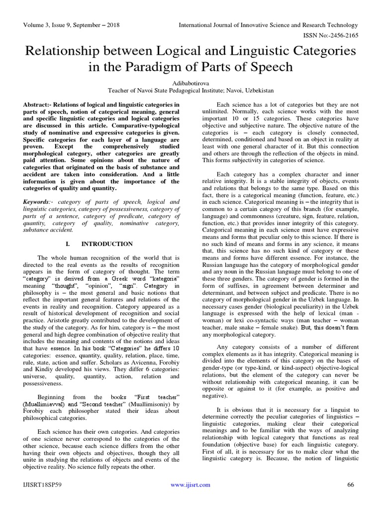 Relationship Between Logical And Linguistic Categories In The Paradigm Of Parts Of Speech Pdf