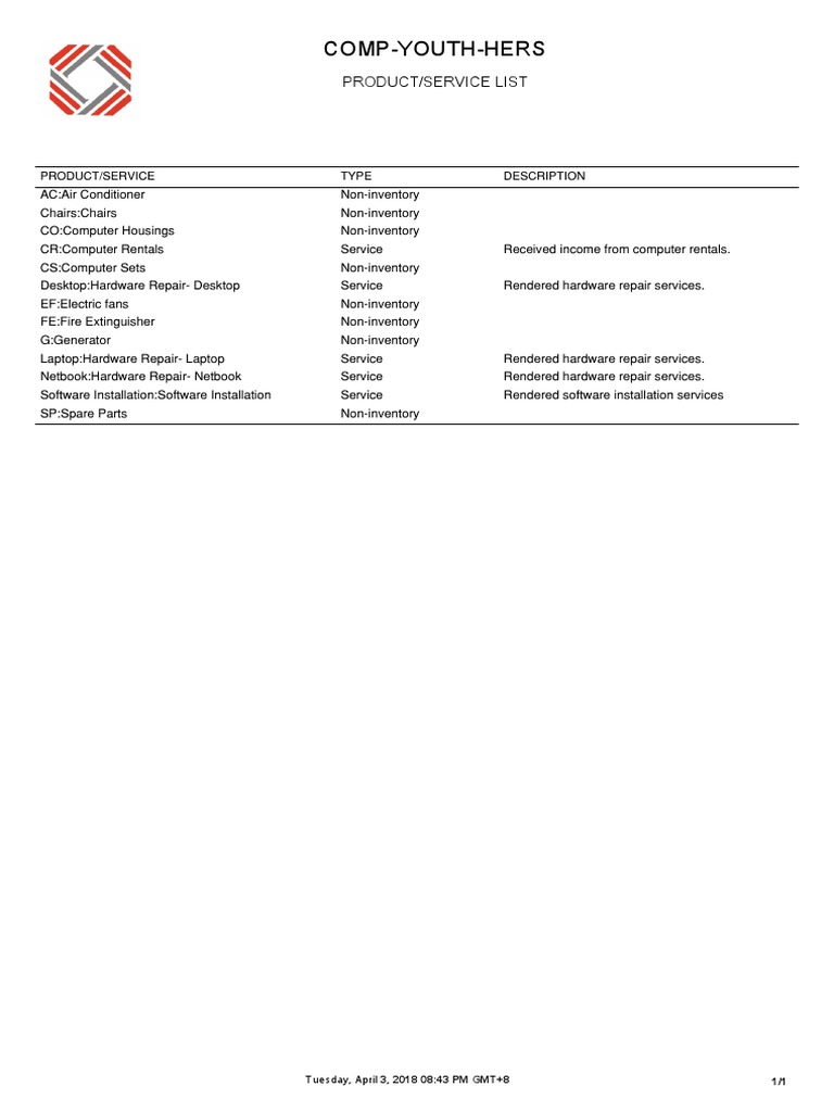 Comp-Youth-Hers: Product/Service List | PDF