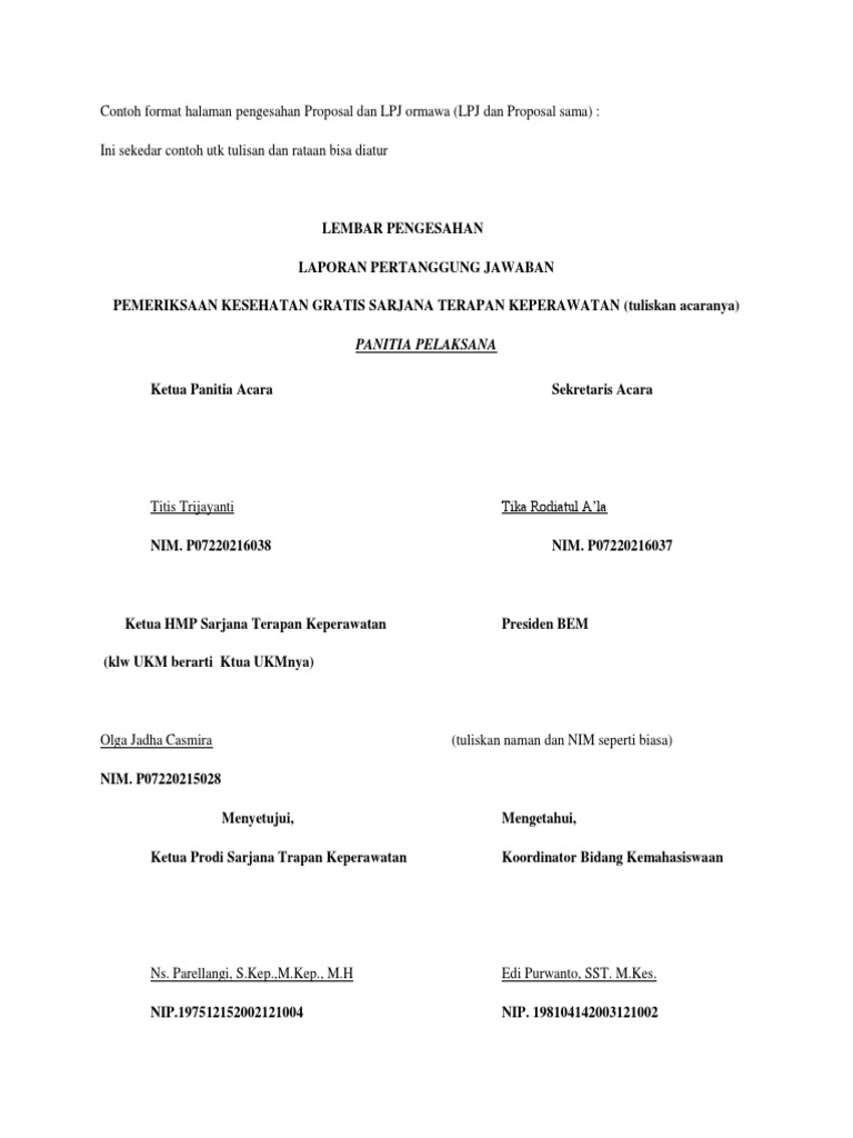 Contoh Format Halaman Pengesahan Proposal Dan LPJ Ormawa | PDF